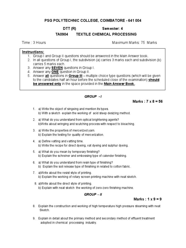 Textile Chemical Processing Exam Guide | PDF | Dyeing | Bleach