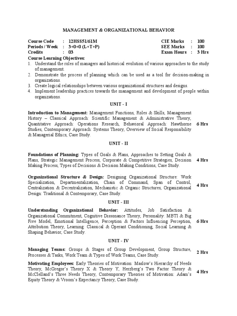 Management & Organizational Behavior Syllabus - Singar | PDF ...