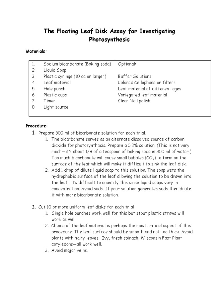 The Floating Leaf Disk Assay for Investigating Photosynthesis.doc ...
