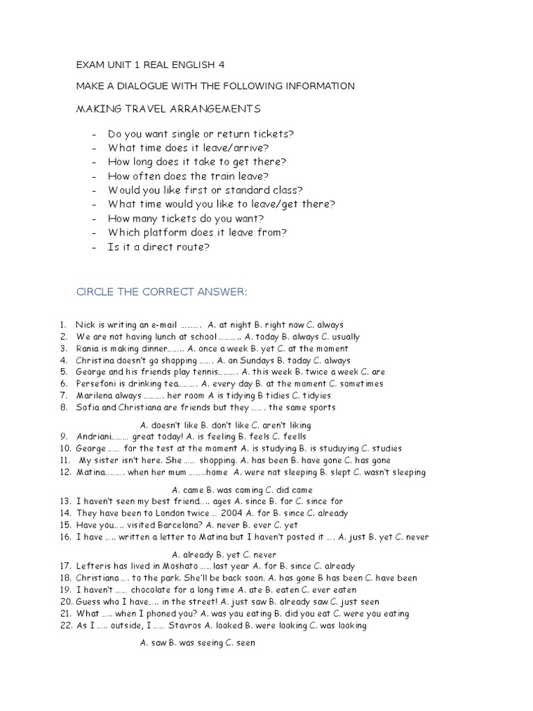 Exam Unit 1 Real English 4 | PDF