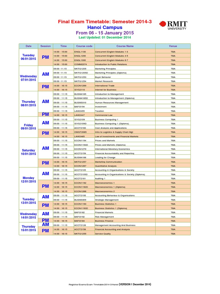 Final Exam Timetable: Semester 2014-3: Hanoi Campus | PDF