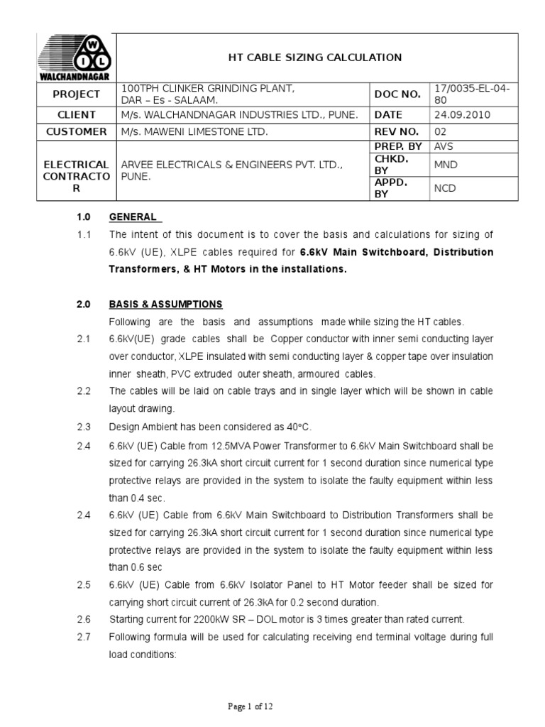 HT Cable Sizing Cal - For HT SWBD, Dist. Trafo. & HT Motor 27.07.10 ...