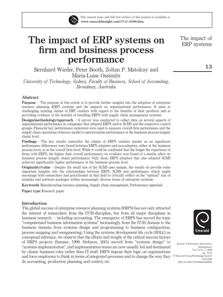 The Impact Of Erp Systems On Firm And Business Process Performance Pdf Supply Chain