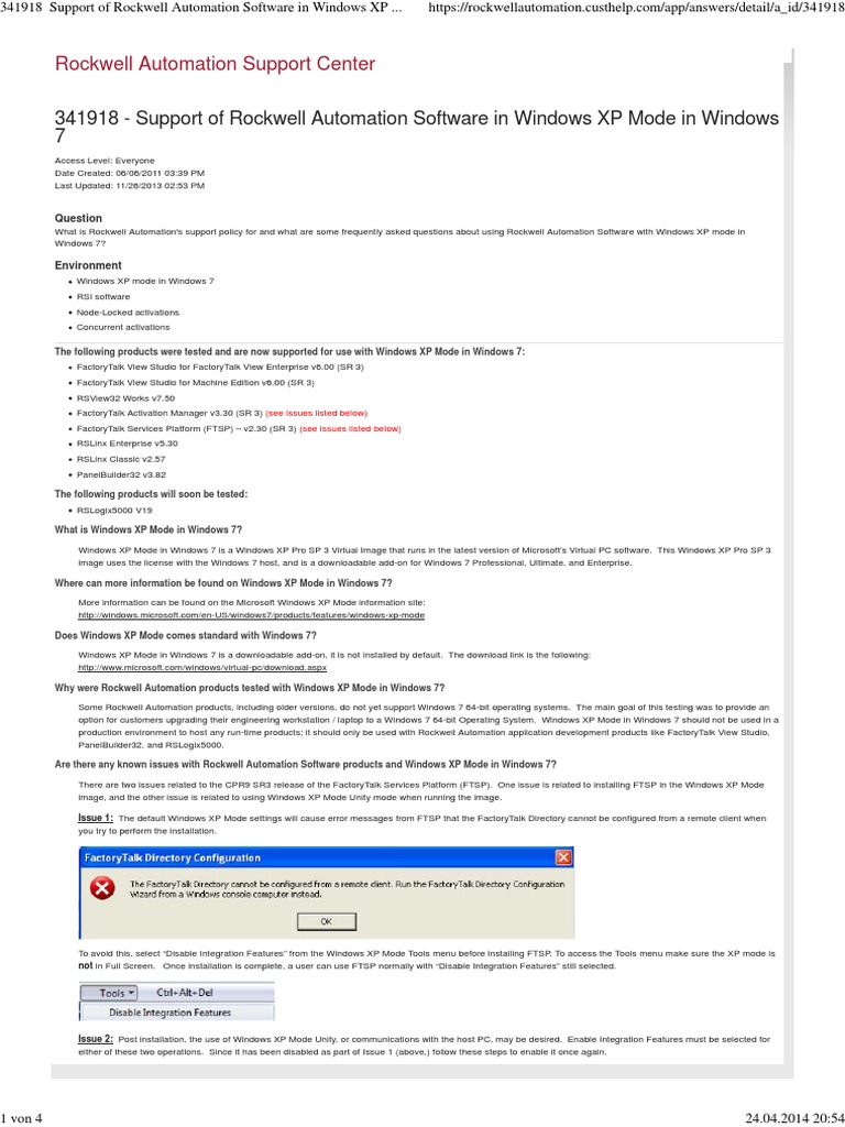 Support of Rockwell Automation Software in Windows XP Mode in Windows 7 ...