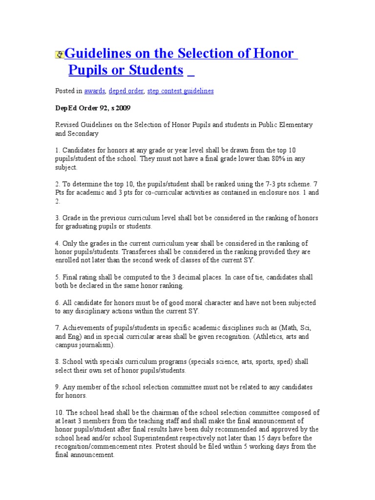 Guidelines On The Selection of Honor Pupils or Students | PDF