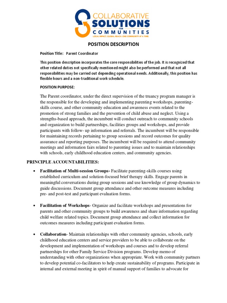 Parent Coordinator Job Description | PDF