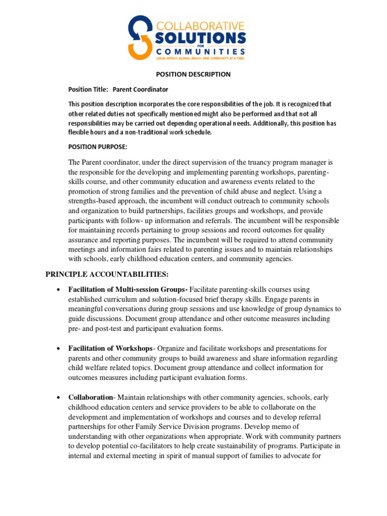 Position Description: Position Title: Parent Coordinator | PDF