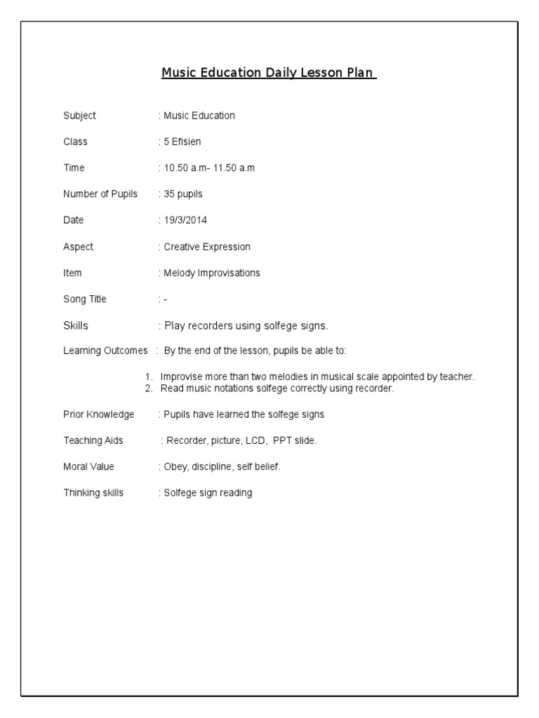 Music Education Daily Lesson Plan: Skills: Play Recorders Using Solfege ...