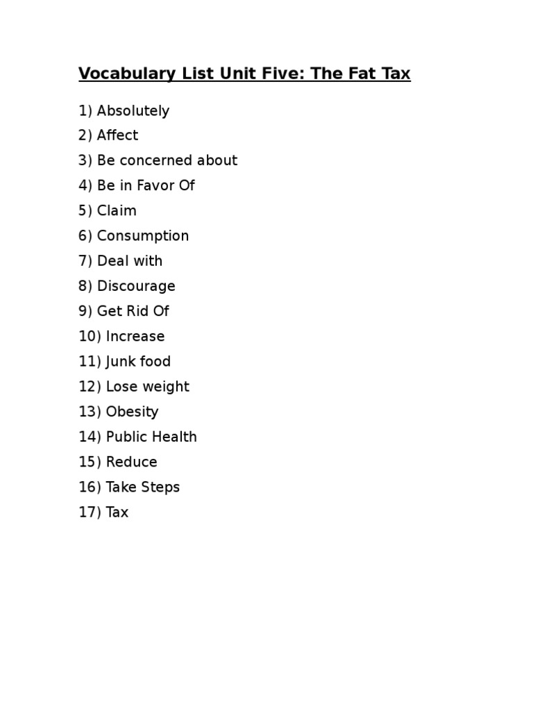 Vocabulary for Fat Tax Unit Five | PDF