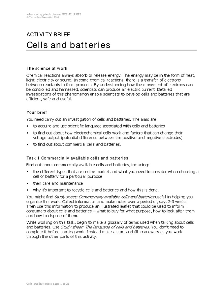 11 Cells and Batteries | PDF | Battery (Electricity) | Electrochemistry