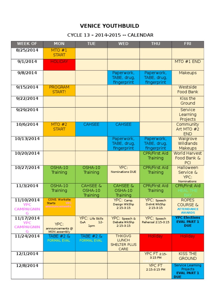 Venice Youthbuild Calendar 14 15 | PDF