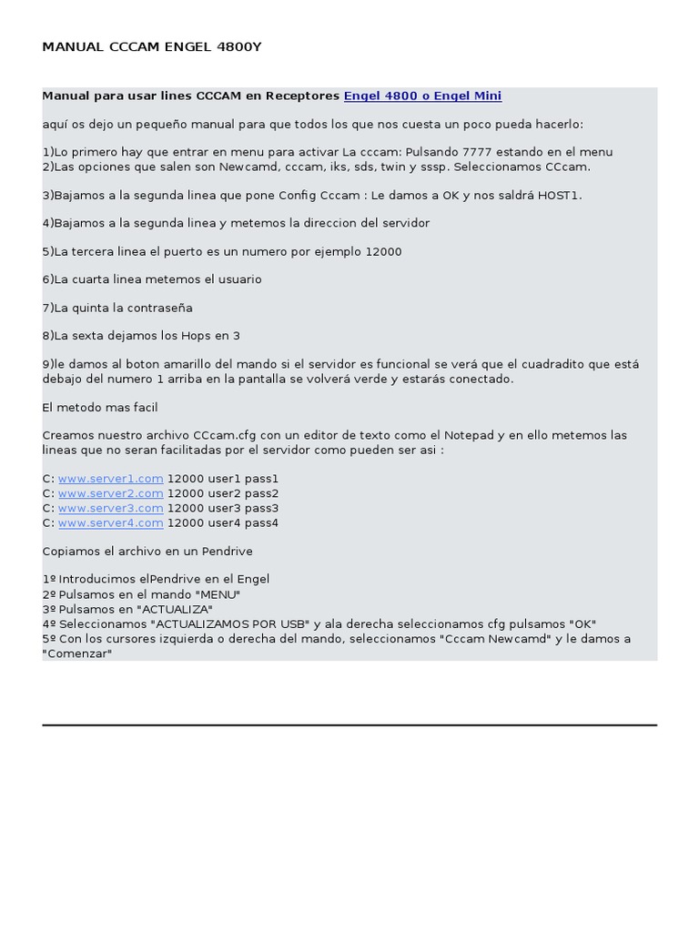 Manual Cccam Engel 4800y PDF Memoria USB Archivo De Computadora
