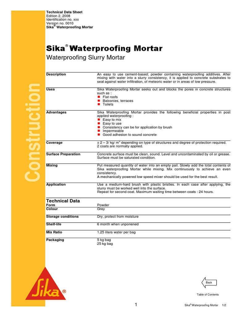 Sika Waterproofing Mortar | PDF | Mortar (Masonry) | Concrete
