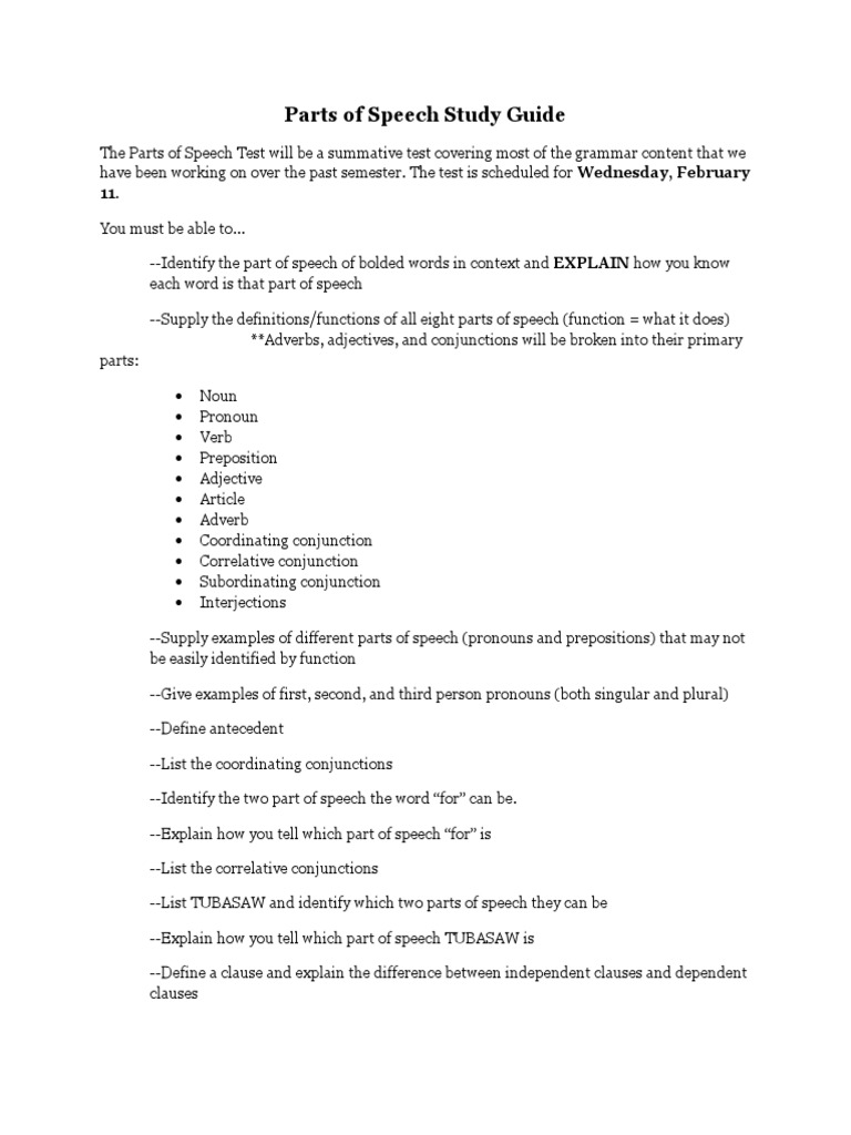 Parts of Speech Study Guide | PDF | Computers