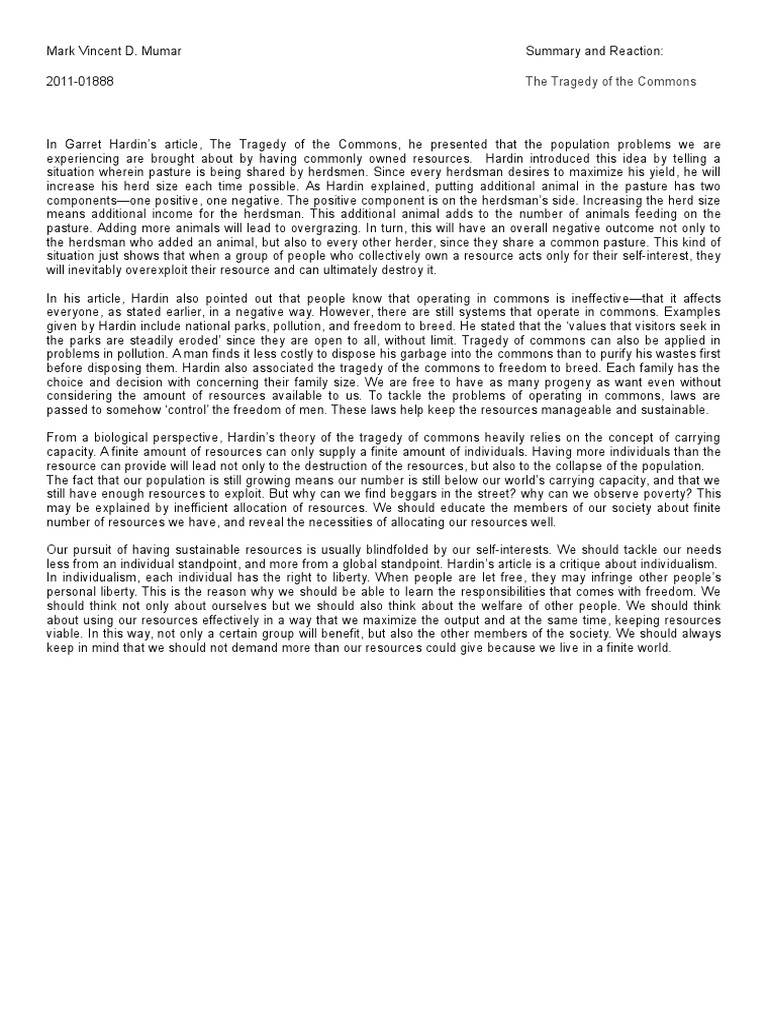Tragedy of The Commons | PDF | Resource | Economics