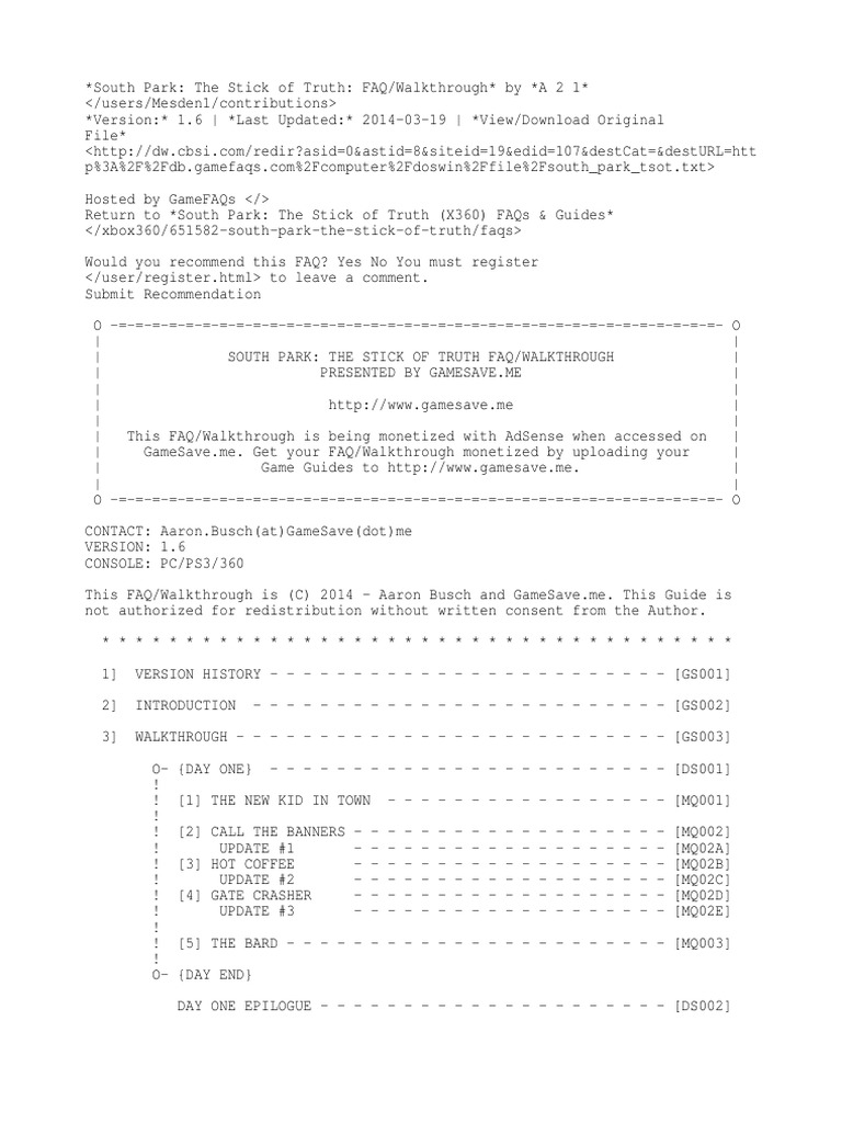 GameFAQs South Park The Stick of Truth (X360) FAQ - Walkthrough by A 2 ...