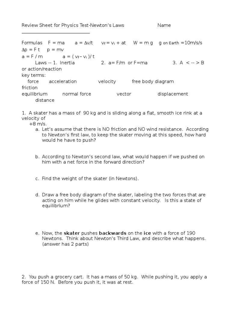Review Sheet For Newton's Laws Test 15 | PDF | Newton's Laws Of Motion ...