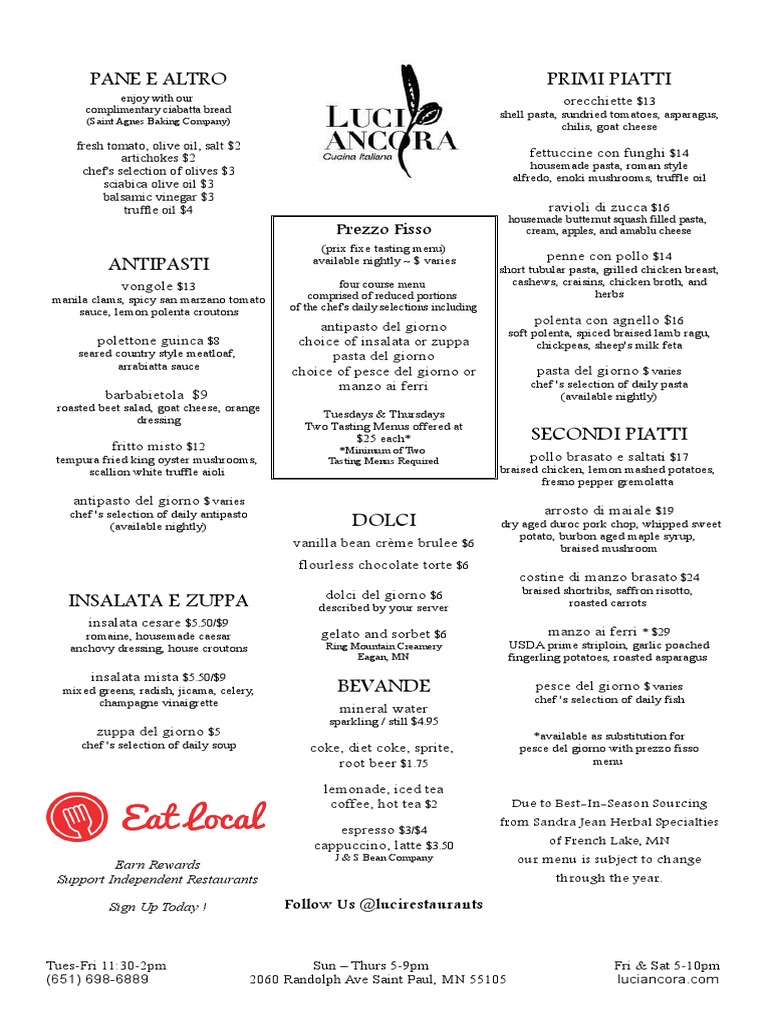 Ancora Menu Overview - Utica, NY | PDF | Salad | Pasta