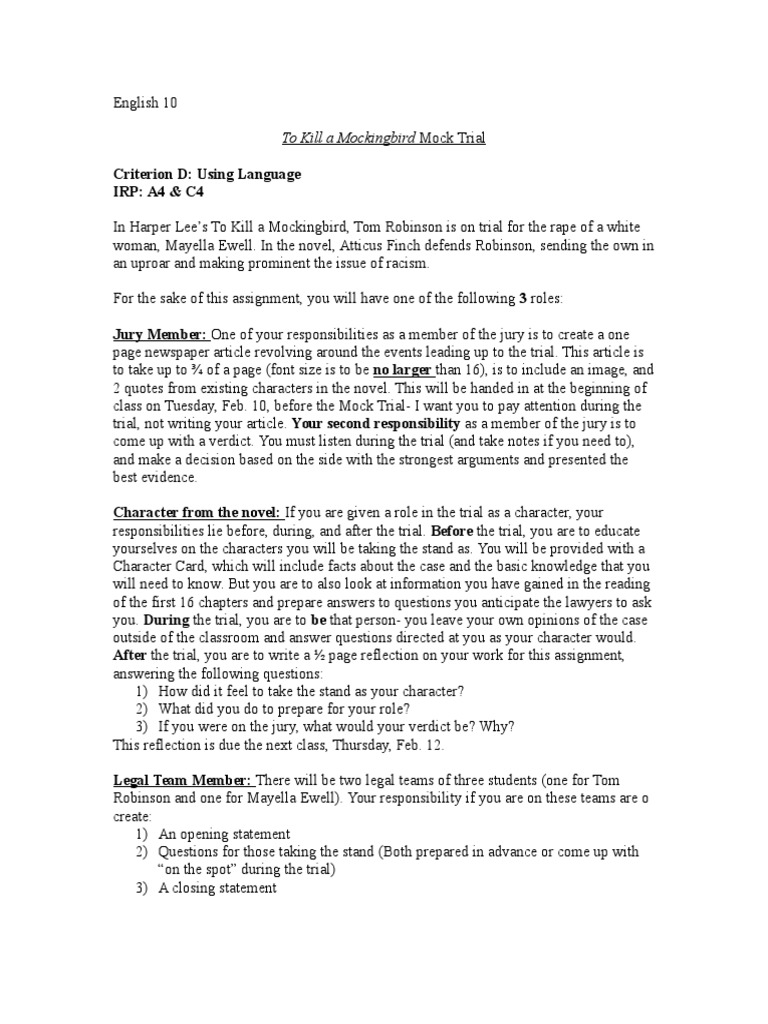 English 10 Mock Trial Handout | PDF | To Kill A Mockingbird | Nonverbal ...