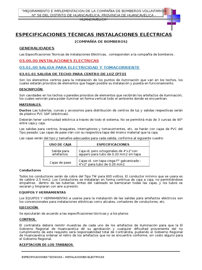 Especificaciones Tecnicas Electricas Bomberos | PDF | Corriente eléctrica | Tubería (transporte ...