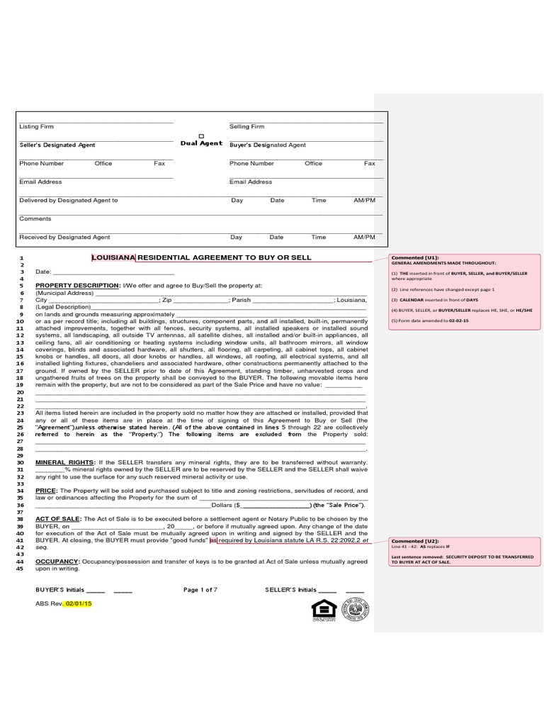 Louisiana Residential Agreement To Buy or Sell: Commented (U1) : General Amendments Made ...