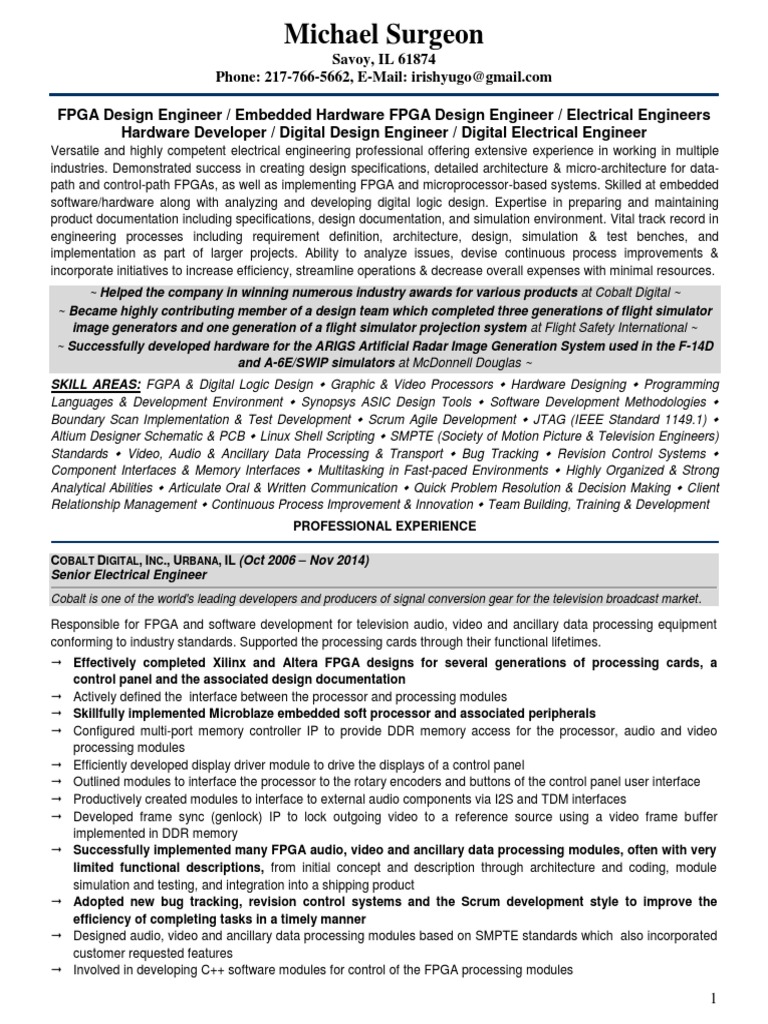 FPGA Senior Engineer Digital in Denver CO Resume Michael Surgeon | PDF ...