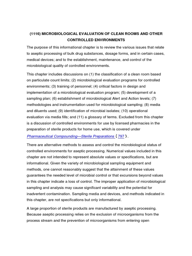 1116 Usp 32 Microbiological Evaluation of Clean Rooms and Other ...