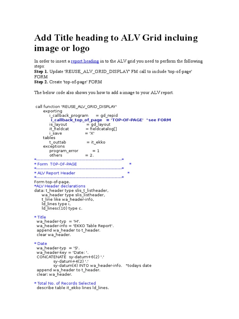 Add Title Heading To ALV Grid Incluing Image or Logo | PDF | Data Management | System Software