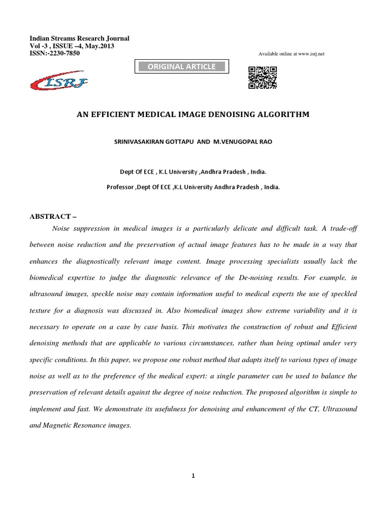 Versatile Medical Image Denoising Algorithm | PDF | Signal To Noise ...