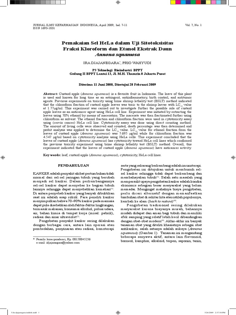 Pemakaian Sel Hela Dalam Uji Sitotoksisitas Fraksi Kloroform Dan Etanol Ekstrak Daun | PDF