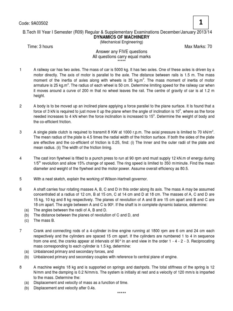 Design of Machinery Jntua Previous Papers | PDF | Torque | Rotation ...