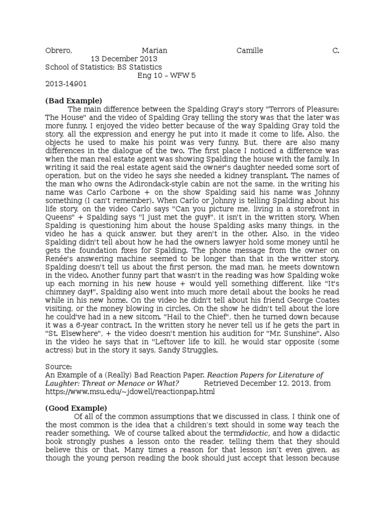 Reaction Paper Examples | PDF | Children's Literature