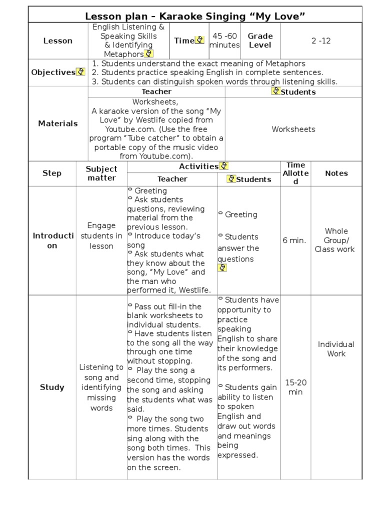Song Lesson - My Love - Lesson Plan and Worksheets | PDF | Lesson Plan ...