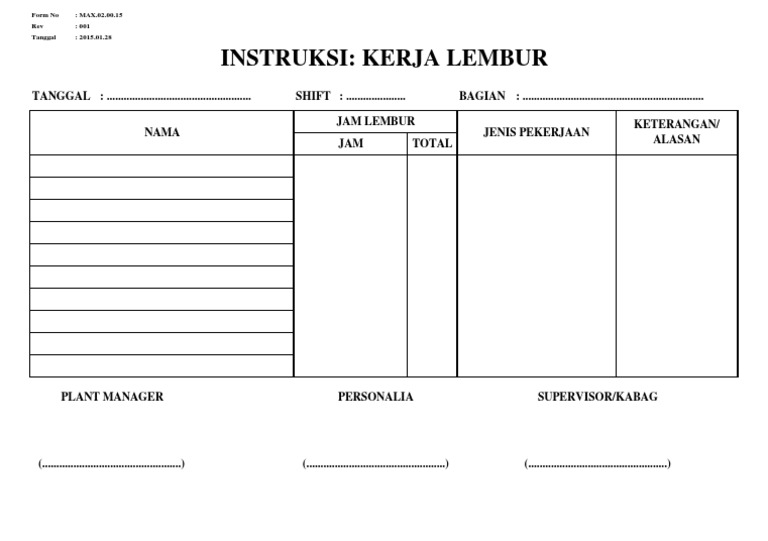 Form Max.02.00.15 - Instruksi Kerja Lembur (Rev 01) | PDF