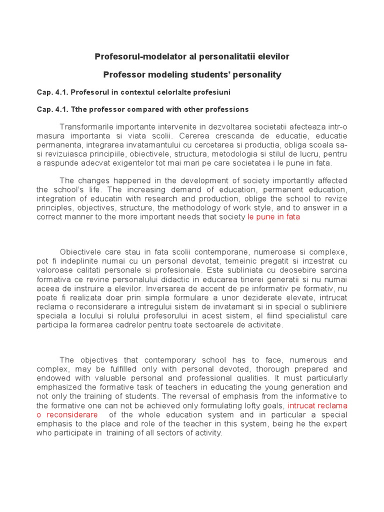 Profesorul-Modelator Al Personalitatii Elevilor Professor Modeling ...