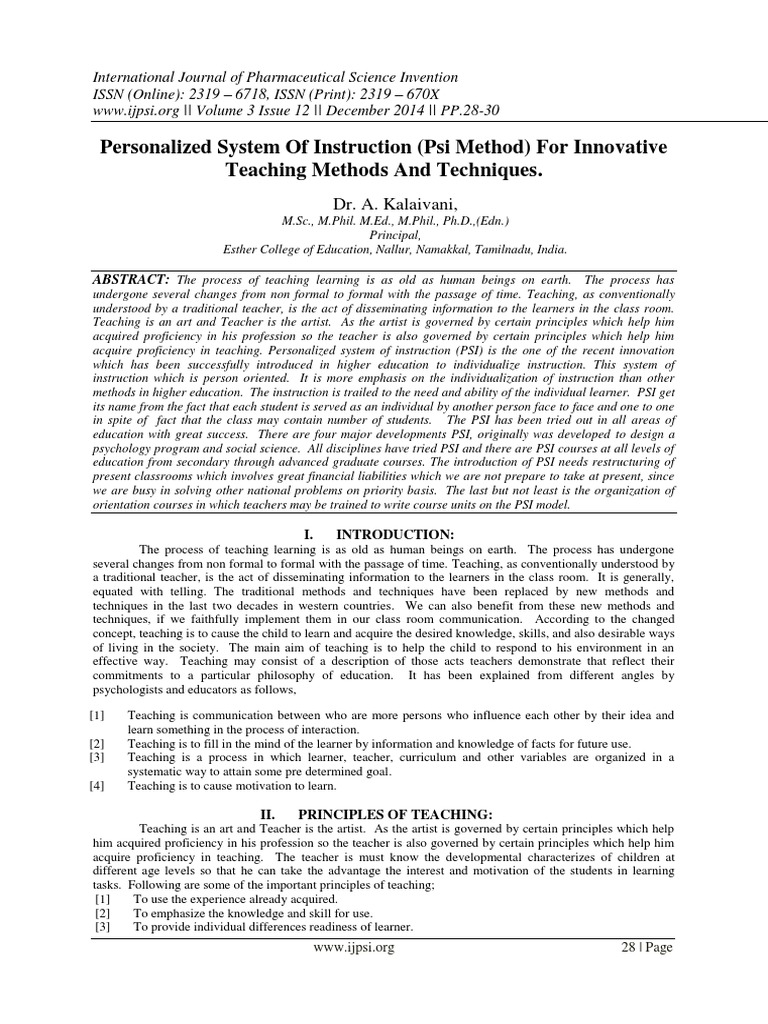 Personalized System of Instruction (Psi Method) For Innovative Teaching ...