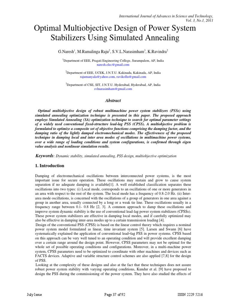 Optimal Multiobjective Design of Power System Stabilizers Using Simulated Annealing | PDF ...