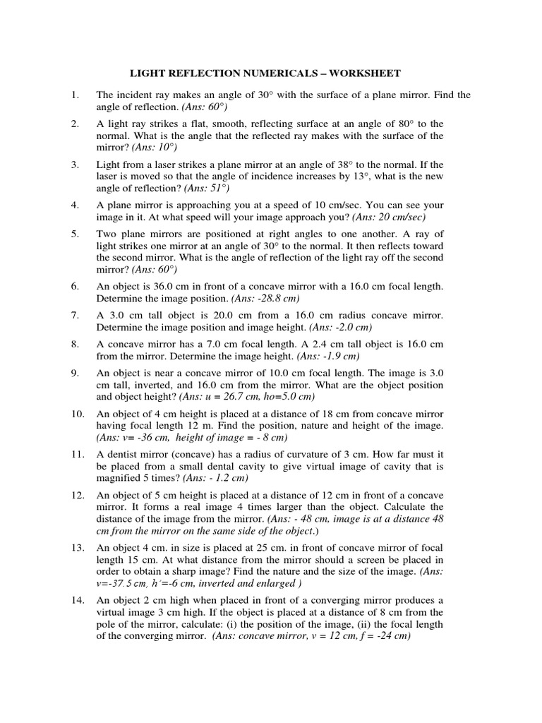 Class 10 Light Reflection Numericals | PDF | Lens (Optics) | Glass ...