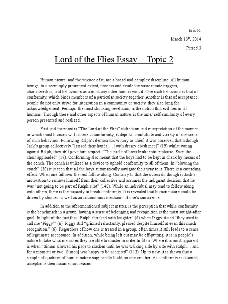 The Lord of The Flies Topic 2 Essay | PDF | Conscience | Psychological ...