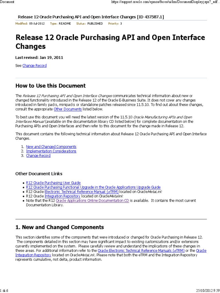 Release 12 Oracle Purchasing API and Open Interface Changes | PDF ...