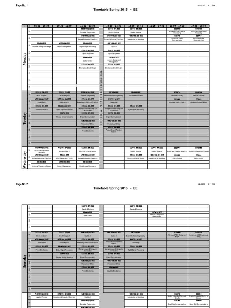 Timetable Ee Spring 2015 | PDF | Electronic Design | Design