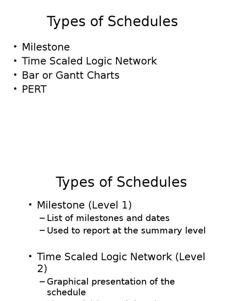 Types of Schedules: - Milestone - Time Scaled Logic Network - Bar or ...