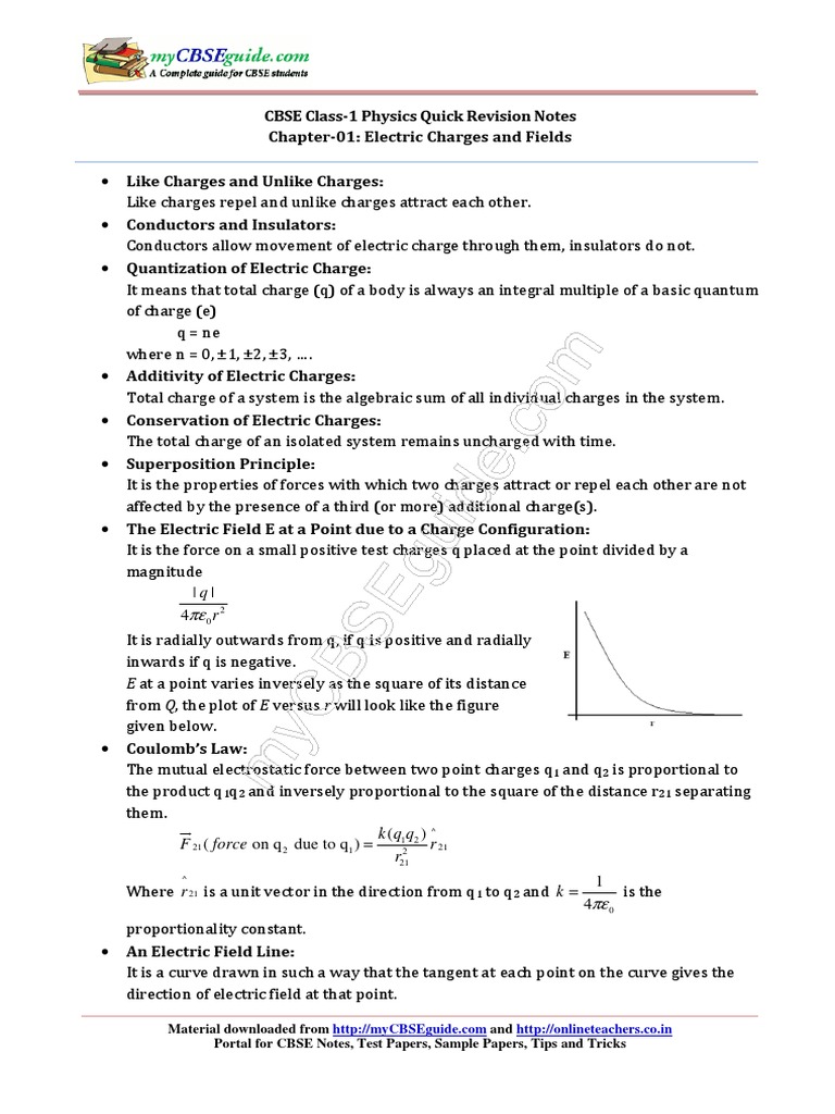 12 Physics Notes ch01 Electric Charges and Field PDF | PDF | Electric ...