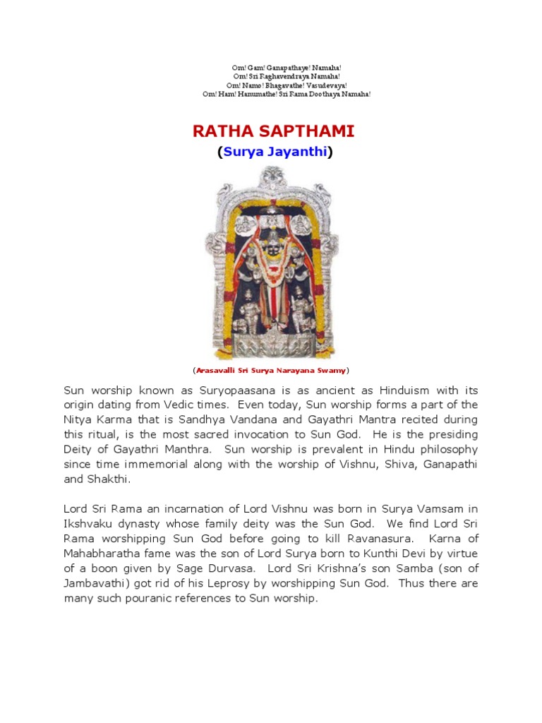 Ratha Sapthami (Surya Jayanthi) | PDF | Astrological Sign | Hindu Mythology
