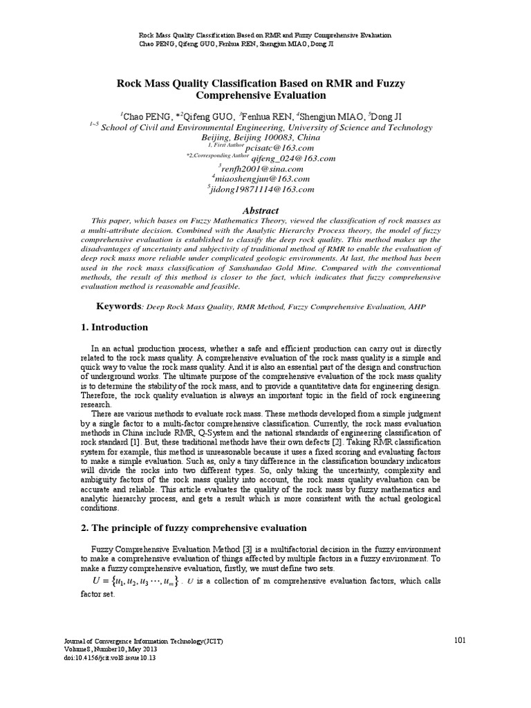 Rock Mass Quality Classification Based On RMR and Fuzzy Comprehensive ...