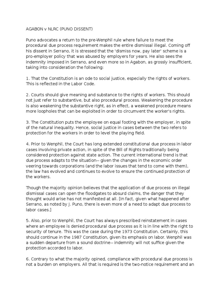 Agabon V NLRC (Puno Dissent) Digest | PDF | Due Process Clause | Employment