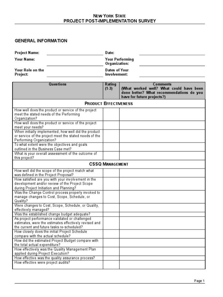 N Y S Project Post-Implementation Survey: EW ORK Tate | PDF | Risk ...