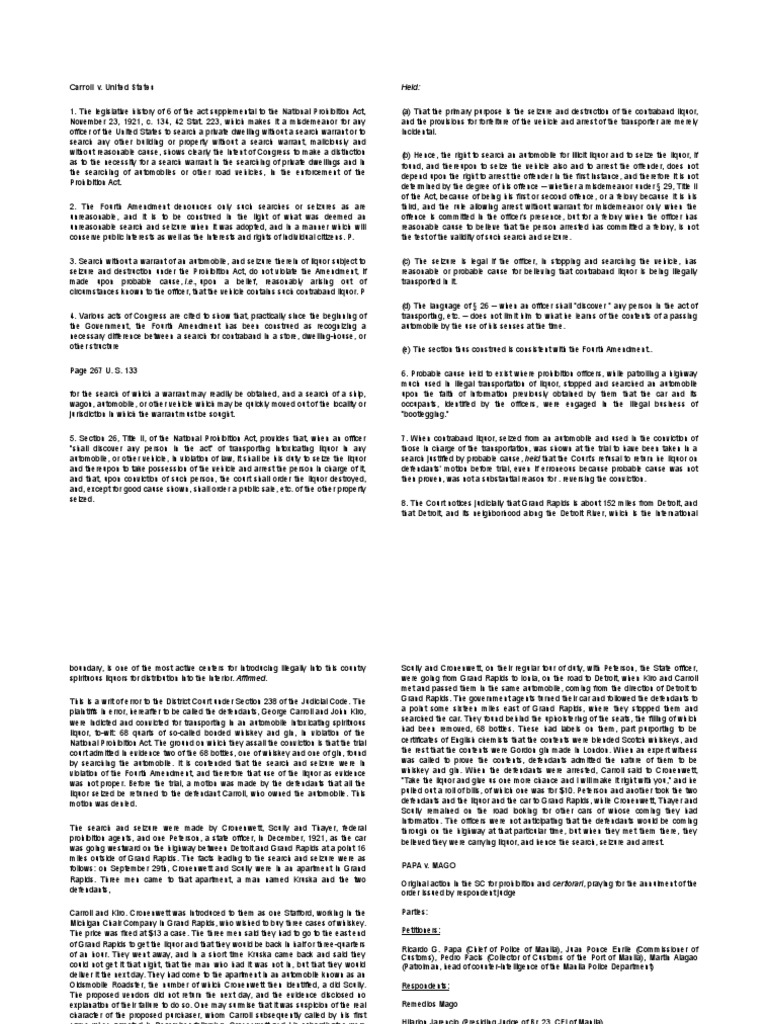 Carroll v. United States: Held | PDF | Search And Seizure | Search Warrant
