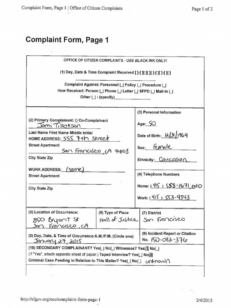 Jami Tillotson Complaint Against SFPD | PDF