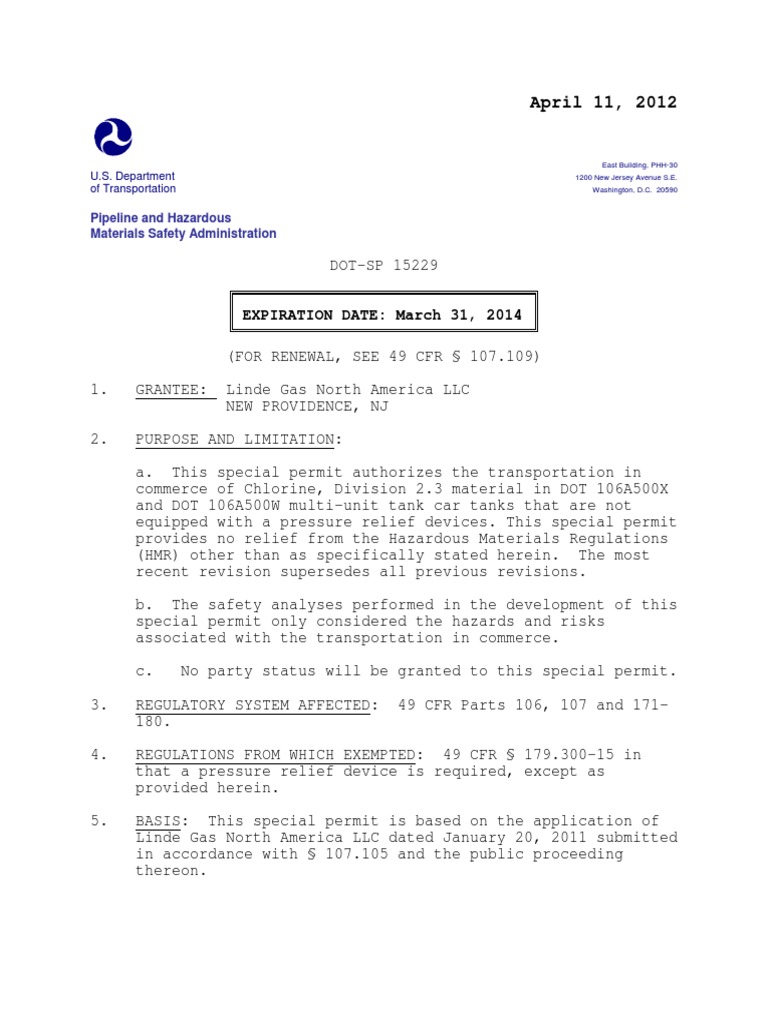DOT-SP 15229: Chlorine Transport Permit | PDF | Dangerous Goods | Cargo